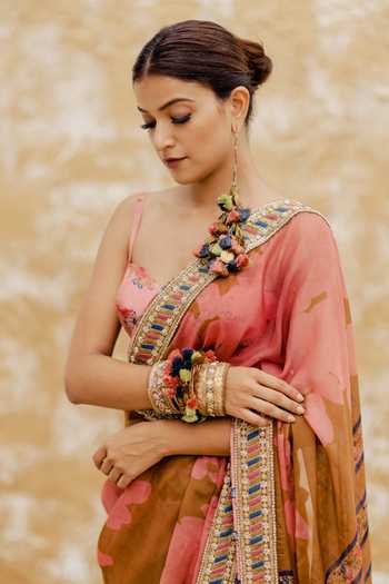 Buy Pooja-Keyur Brown Organza Floral Print Saree Online | Aza Fashion in US
