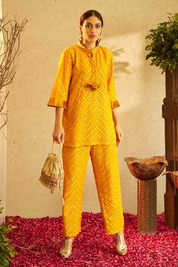 Buy Yellow Pleated Embroidery Chevron Mandarin Collar Myra Top And Pant ...