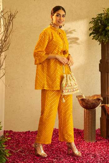 Buy Yellow Pleated Chevron, Mirror Mandarin Collar Myra Embroidered Top ...