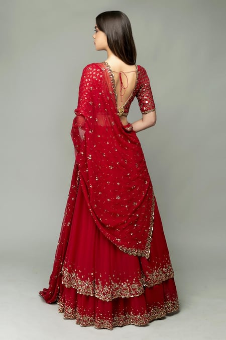Buy Red Sequins And Micro Crystals, Zardozi Round Embroidered Layered ...