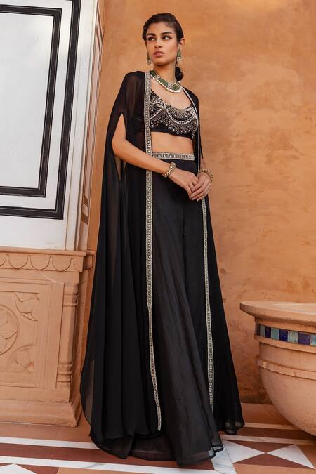 Buy Black Organza Embroidery Bugle Beads Scoop Border Cape And Palazzo ...