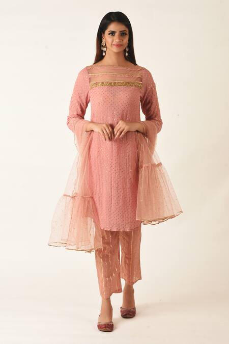 Buy Rina Dhaka Pink Crepe Polka Dot Kurta Set Online | Aza Fashions