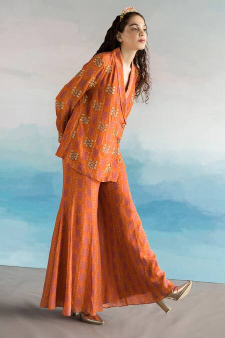 Buy Orange Pure Crepe Floral Flap Collar Overlap Jacket And Pant Set ...