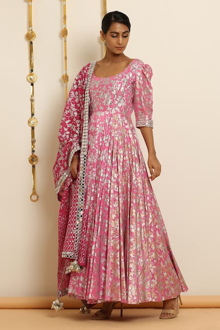 Buy Pink Uphara Silk Round Chanderi Anarkali Set For Women by Seema ...