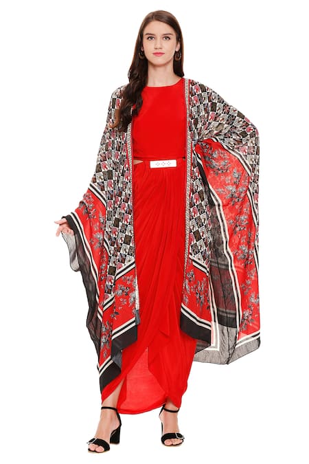 Buy Red Crepe Round Draped Dress With Cape For Women by Soup by Sougat ...