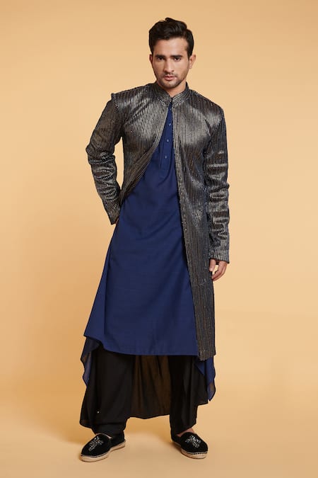 Buy Blue Achkan Striped Mesh Embroidered Crystal With Kurta Set For Men ...
