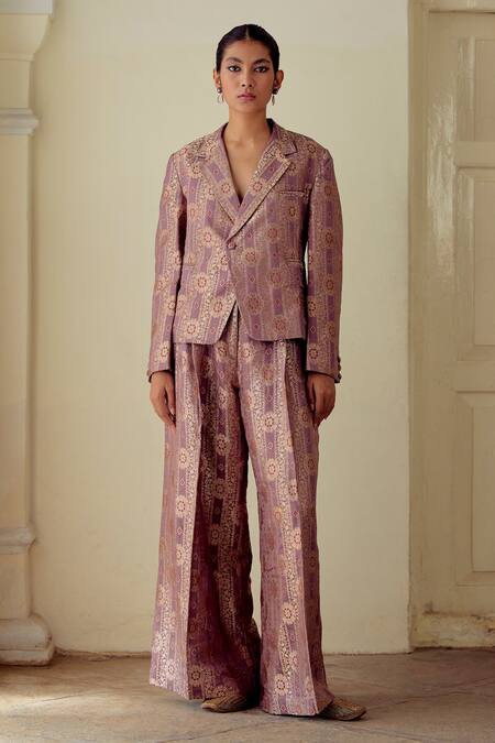 Buy Purple Satin Silk Brocade Woven Floral Susha Coat And Pant Set For ...