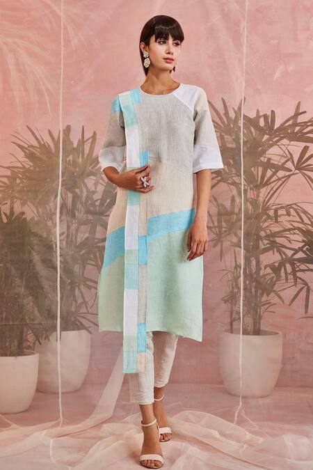 Buy Multi Color Linen Textured Block Round Colorblock Kurta Set For ...
