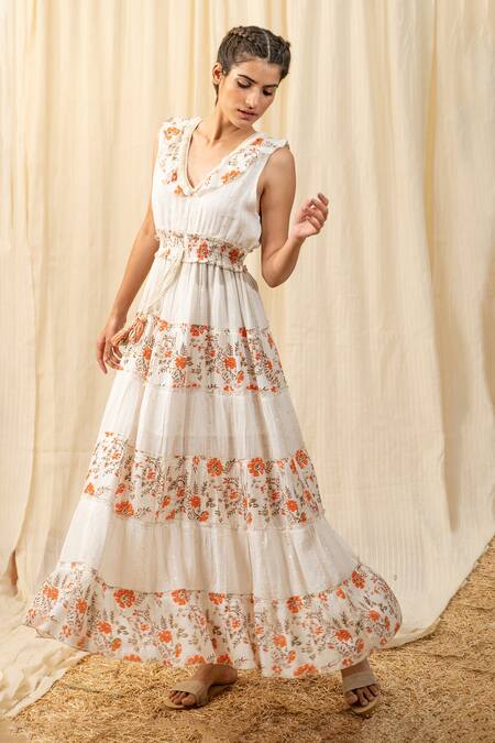 Buy White Rayon Lurex Printed And Embellished Floral Multi Panel Dress ...