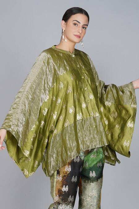 Buy Green Silk Tissue Embroidery Mandarin Collar Top For Women by Yavi ...