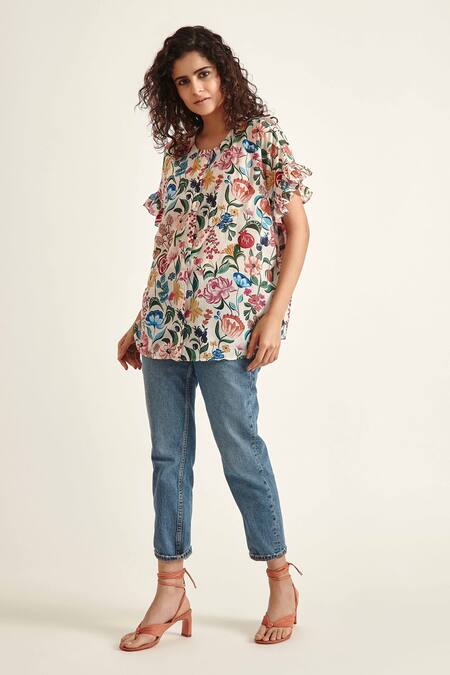 Buy White Cotton Silk Floral Round Yolanthe Top For Women By Pankaj