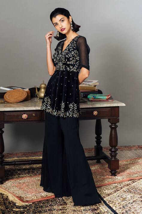 Buy Leaf Embroidered Peplum Top Palazzo Set By Mishru At Aza Fashions