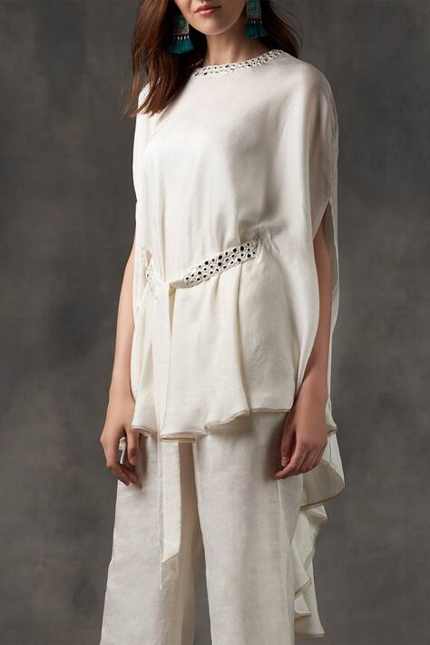 Buy Twenty Nine White Modal Satin Asymmetric Cape Top Online | Aza Fashions