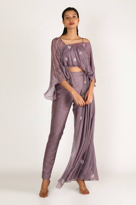 Buy Pink Peacock Couture Layered Cape Top & Draped Pant Set Online ...