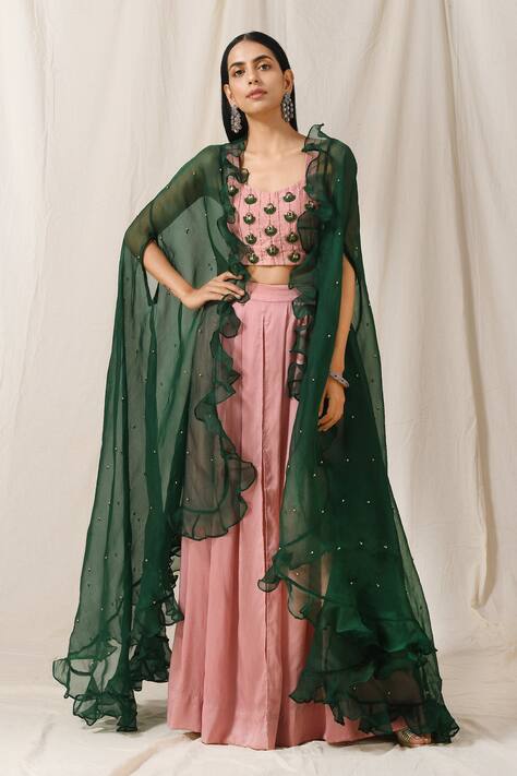 Buy Label Nitika Green Bamber Silk Embroidered Cape And Palazzo Set ...