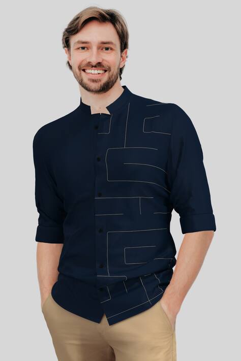 Buy HeSpoke Blue Cotton Mesh Modal Embroidered Shirt Online | Aza Fashions