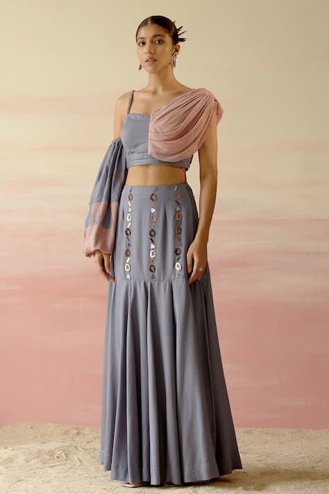 Buy Shweta Aggarwal Beige Cotton Satin Draped Crop Top With Embellished ...