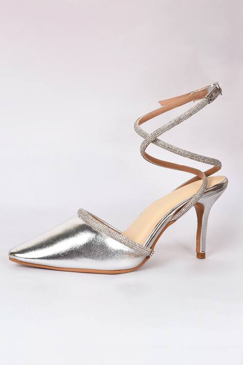 Buy Samyukta Singhania - Accessories Silver Pu Stone Embellished Heels ...