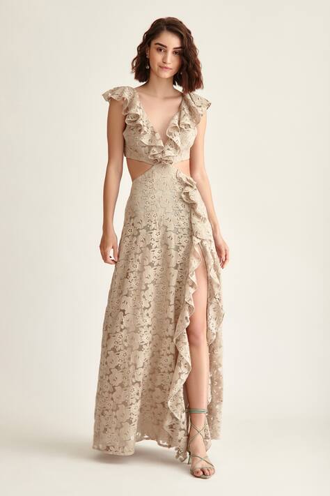 Buy Pankaj & Nidhi Beige Helios Lace Work Dress Online | Aza Fashions