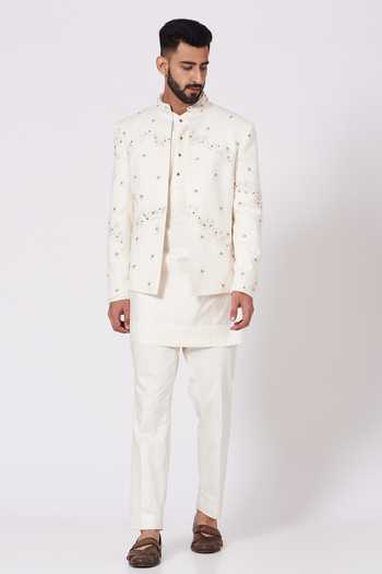 Buy Jatin Malik White Slub Silk Embroidered Jacket And Pant Set Online ...