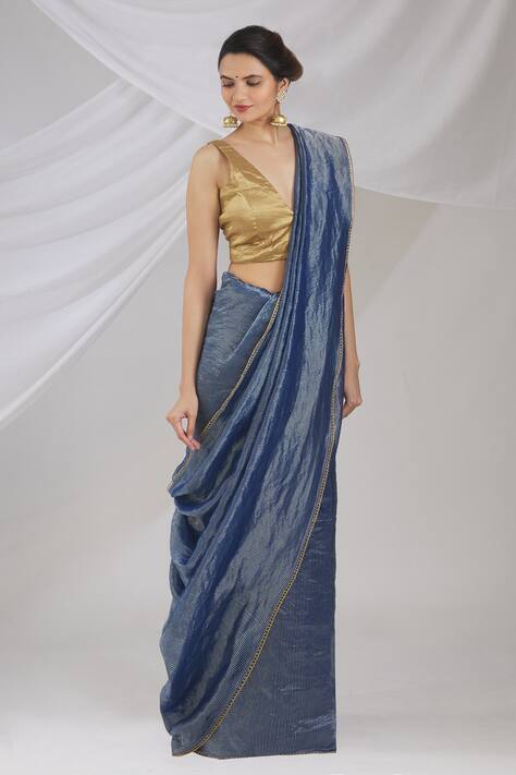 Buy Pranay Baidya Blue Chanderi Striped Saree Online | Aza Fashions
