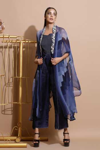 Buy Pallavi Jaipur Blue Chiffon Printed Long Cape Online | Aza Fashions