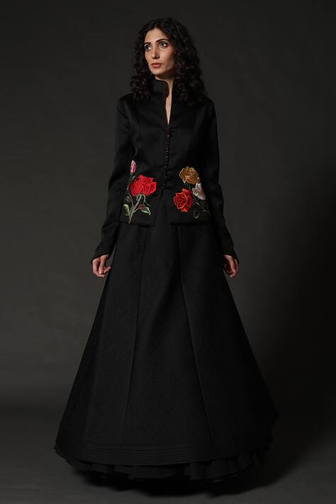 Buy Rohit Bal Black Silk Satin Embroidered Jacket Online | Aza Fashions