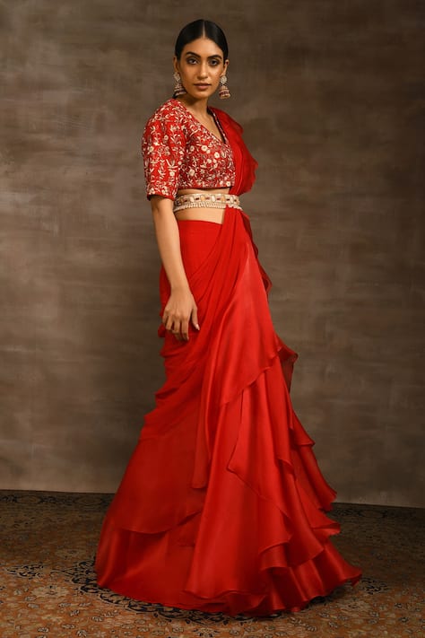 Buy Radhika & Raghav Red Raw Silk Ruffle Pre-stitched Saree With Blouse ...