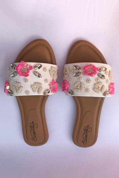 Buy Sole House White Vegan Leather Floral Crystal Sliders Online | Aza ...