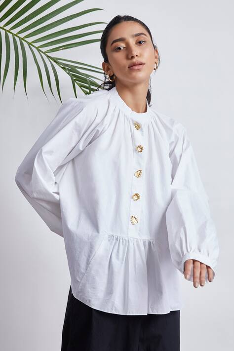 Buy Studio Moda India White Cotton Puff Sleeve Shirt Online | Aza Fashions