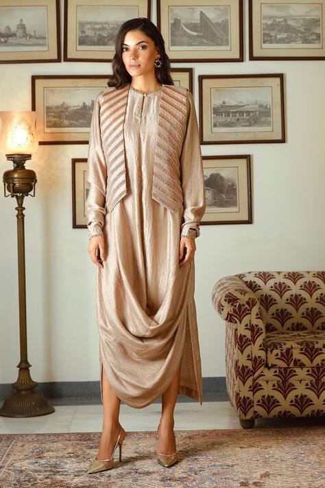 Buy Draped Silk Dress with Embroidered Jacket by Twinkle Hanspal at Aza ...