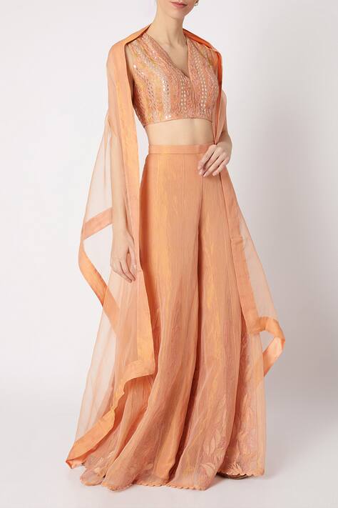 Buy Embroidered Cape & Palazzo Set by Devnaagri at Aza Fashions