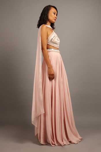 Buy Sailex Pink Flat Chiffon Embroidered Halter Neck Choli Lehenga Set ...