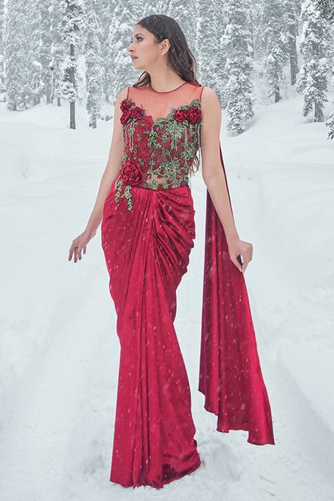 Buy Sonaakshi Raaj Red Velvet Floral Embellished Saree Gown Online ...