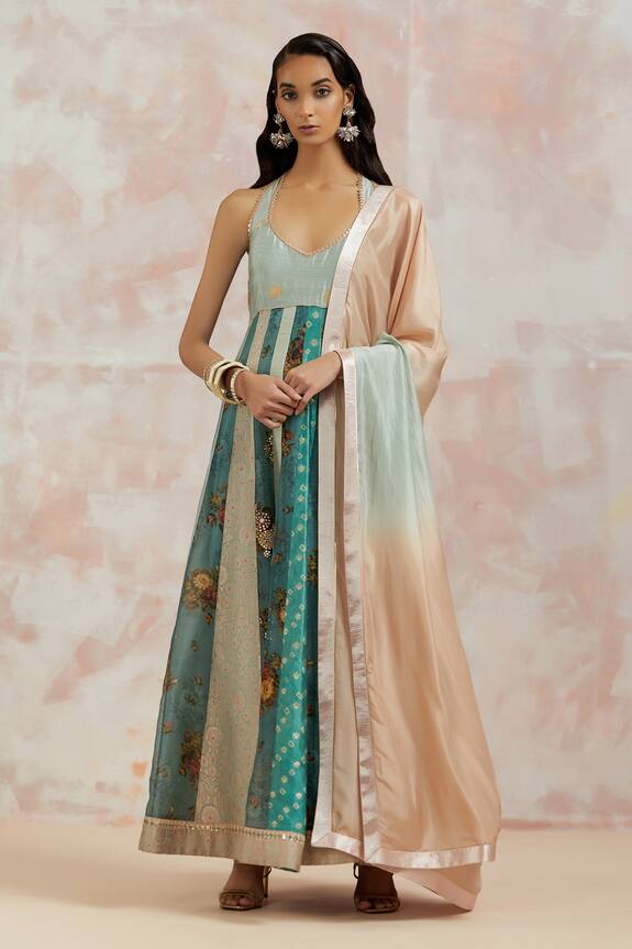Buy AUM by Asit and Ashima Blue Silk Stripe Pattern Anarkali With ...