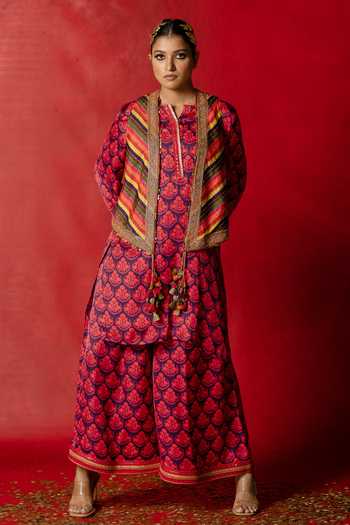 Buy Pooja-Keyur Pink Cotton Silk Stripe Print Jacket Online | Aza Fashions