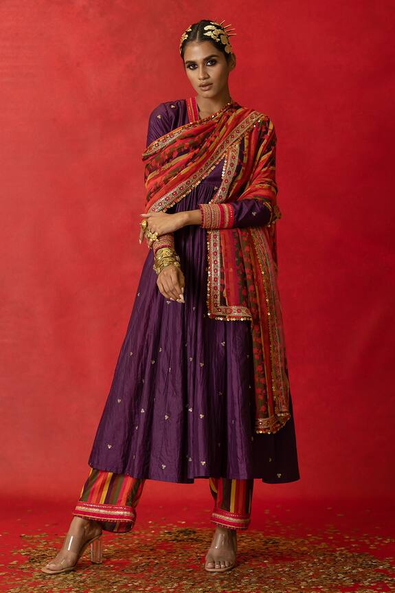 Buy Pooja-Keyur Purple Silk Anarkali And Ijjar Set Online | Aza Fashions