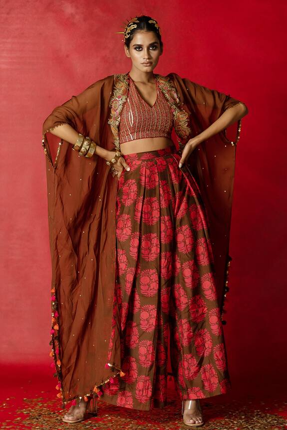 Buy Pooja-Keyur Brown Cotton Silk Aari Embroidered Cape And Flared Pant ...