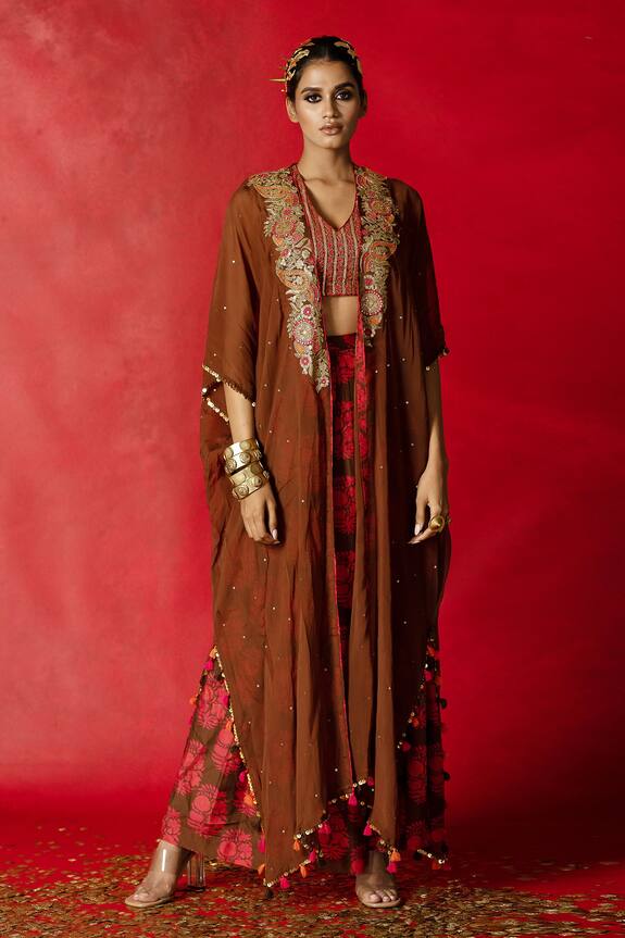 Buy Pooja-Keyur Brown Cotton Silk Aari Embroidered Cape And Flared Pant ...