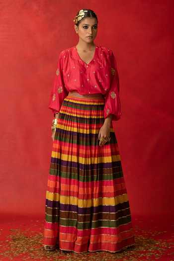 Buy Pooja-Keyur Multi Color Cotton Silk Stripe Print Lehenga And Blouse ...