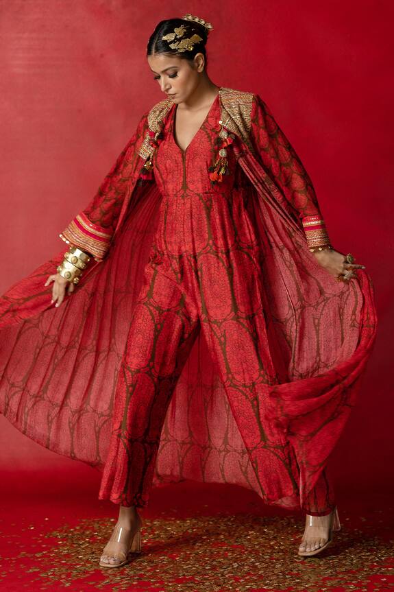 Buy Pooja-Keyur Brown Cotton Silk Paisley Print Jumpsuit Online | Aza ...