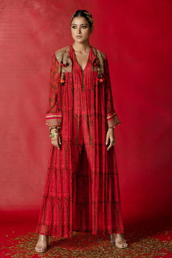 Buy Pooja-Keyur Brown Cotton Silk Paisley Print Jumpsuit Online | Aza ...