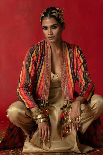 Buy Pooja-Keyur Multi Color Cotton Silk Stripe Print Jacket Online ...