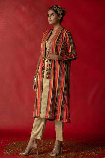 Buy Pooja-Keyur Beige Tissue Embroidered Kurta Pant Set Online | Aza ...