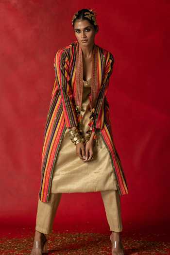 Buy Pooja-Keyur Beige Tissue Embroidered Kurta Pant Set Online | Aza ...