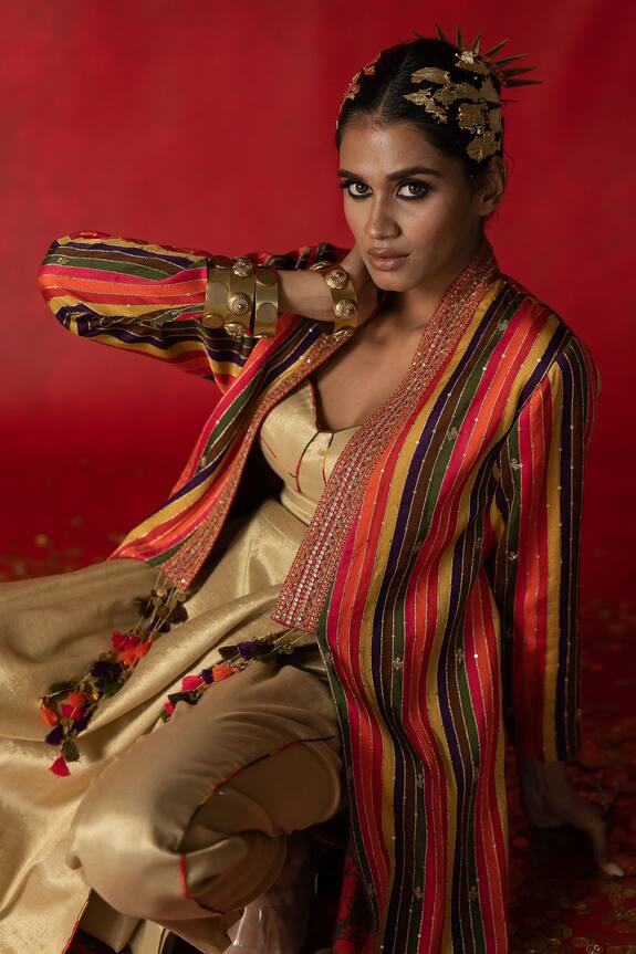 Buy Pooja-Keyur Beige Tissue Embroidered Kurta Pant Set Online | Aza ...