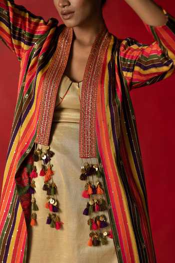 Buy Pooja-Keyur Beige Tissue Embroidered Kurta Pant Set Online | Aza ...