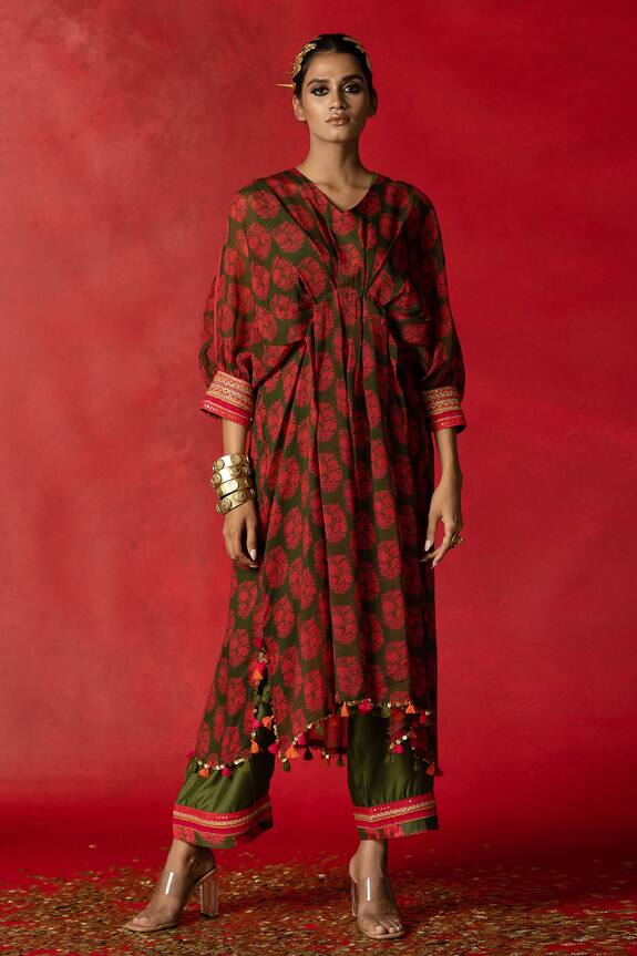 Buy Pooja-Keyur Green Organza Floral Print Kaftan Kurta And Palazzo Set ...
