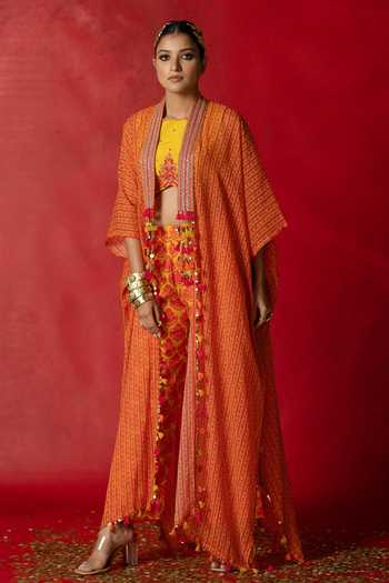 Buy Pooja-Keyur Yellow Cotton Silk Floral Print Cape Pant Set Online ...