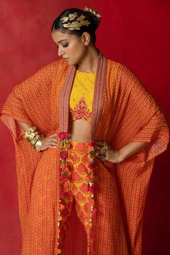 Buy Pooja-Keyur Yellow Cotton Silk Floral Print Cape Pant Set Online ...